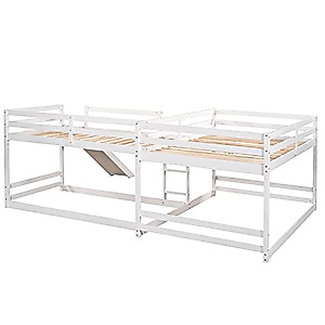 L Shaped Bunk Bed for 4, Wooden Quad Bunk Bed with Slide, Full Over Full Bunk Bed with Twin Over Twin Bunk Bed Attached for Kids Girls Boys - White