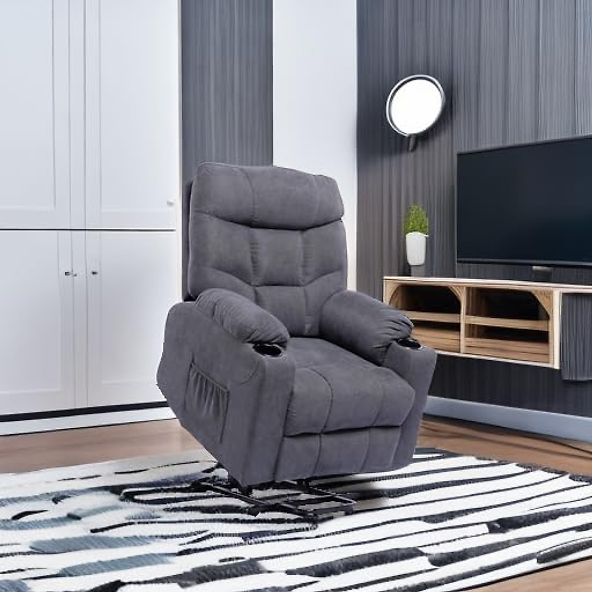 Living Room Power Lift Massage Recliner Chair for Elderly Heated Ergonomic Lounge Fabric Vibratory Massage Chair with Cup Holders/Heating/Remote Control Grey