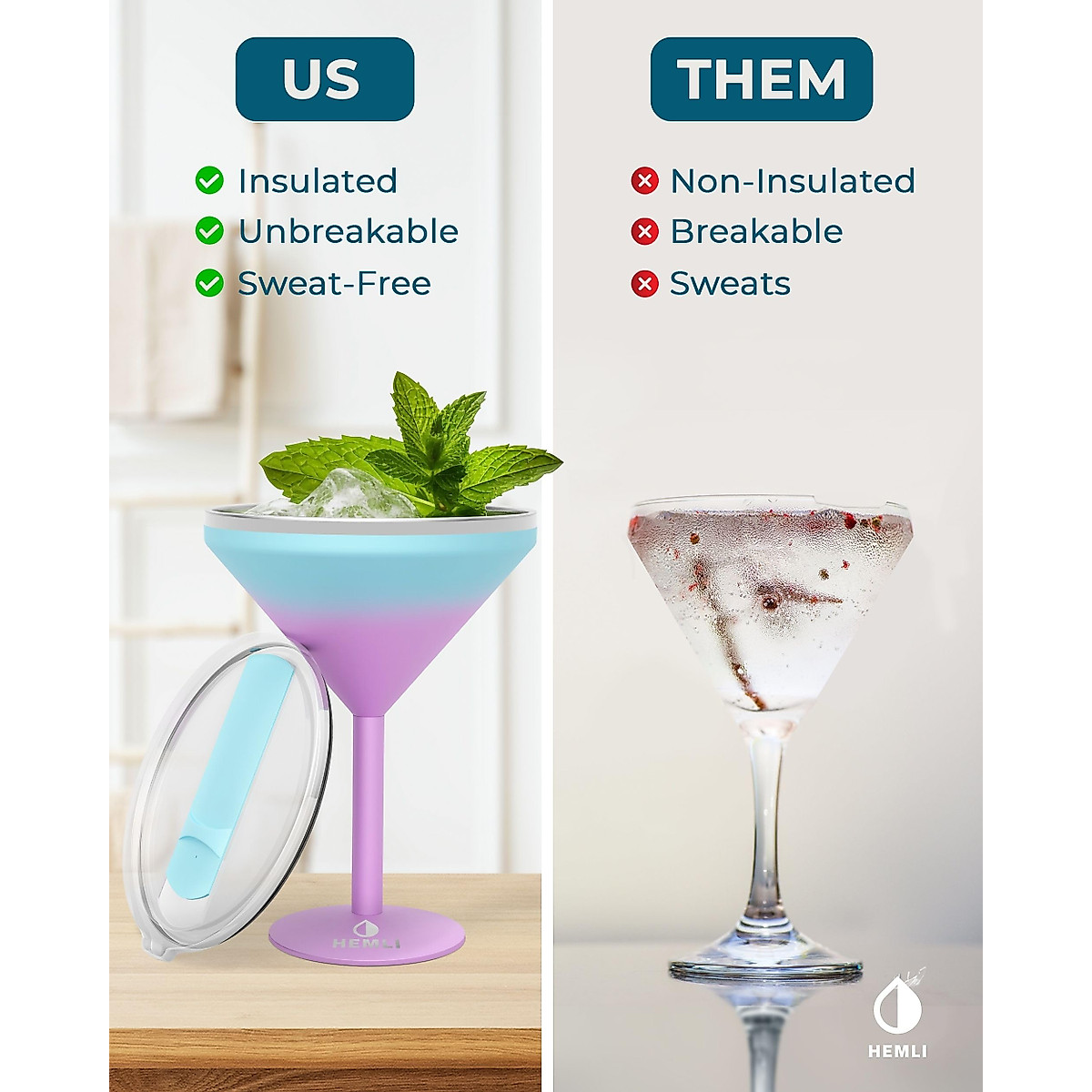 Hemli Insulated Martini Tumbler with Lid, Outdoor Martini Glass, Unbreakable Martini Tumbler, Stainless Steel - 8 oz