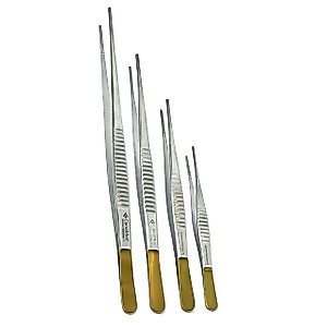 German Set of 4 Each Debakey Forceps Serrated Narrow Tips for Atraumatic Veterinary Microscopy Dissection Comes in Gold Handle 6”+8”+10”+12”