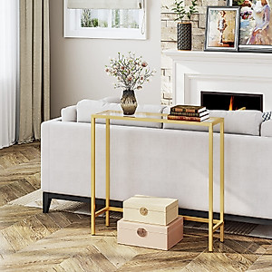 HOOBRO 29.5" Narrow Console Table, Tempered Glass Sofa Table, Small Side Table, Modern Entryway Table, for Entrance, Living Room, Foyer, Hallway Bedroom, Gold GD07XG01