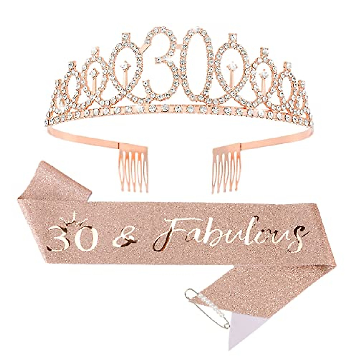 CIEHER 30th Birthday Crown + 30th Birthday Sash + Pearl Pin Set, 30th Birthday Decorations for Women 30th Birthday Gifts for Her 30 Cake Topper 30th Birthday Tiara Happy 30th Birthday Party Rose Gold