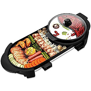 2 in 1 Electric Bbq Hot Pot Grill Electric Barbecue Pan Grill and Hot Pot for Indoor Outdoor Parties Non-Stick Pan with Dual 5-Speed Temperature Control (110V)