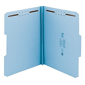 Smead 100% Recycled Pressboard Fastener File Folder, 2 Fasteners, 1/3-Cut Tab, 1" Expansion, Letter Size, Blue, 25 per Box (15000)