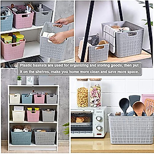 AYSUM 8 Pack Plastic Storage Basket, 9.7 x 6.5 x 5.5 Inch, Small Plastic Baskets Stackable Plastic Woven Organizer with Handle for Home Office - Grey