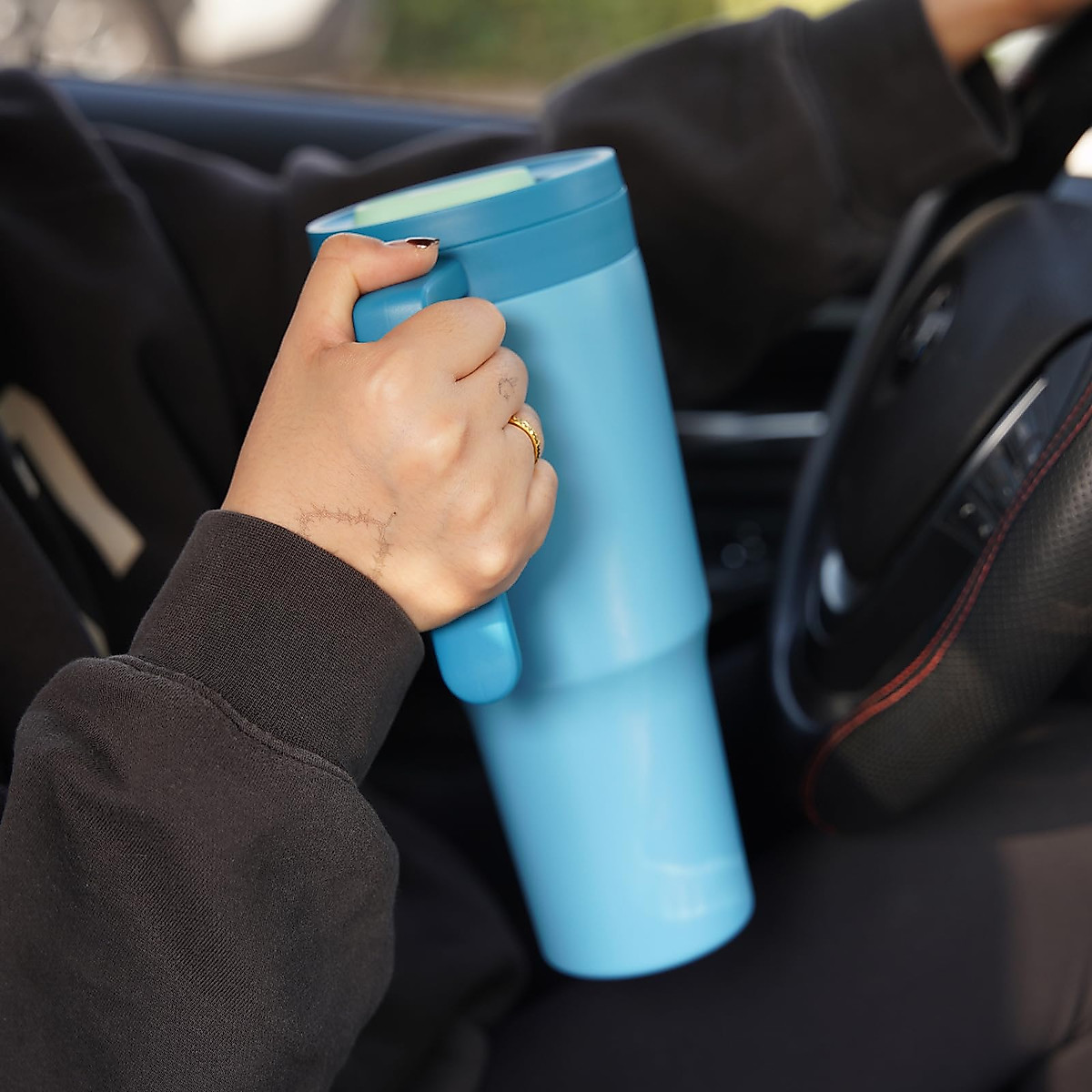 BJPKPK 40oz Tumbler With Handle And Straw Insulated Tumblers Cups With Lid Stainless Steel Travel Coffee Mug With Fruit Infuser,Lake Blue