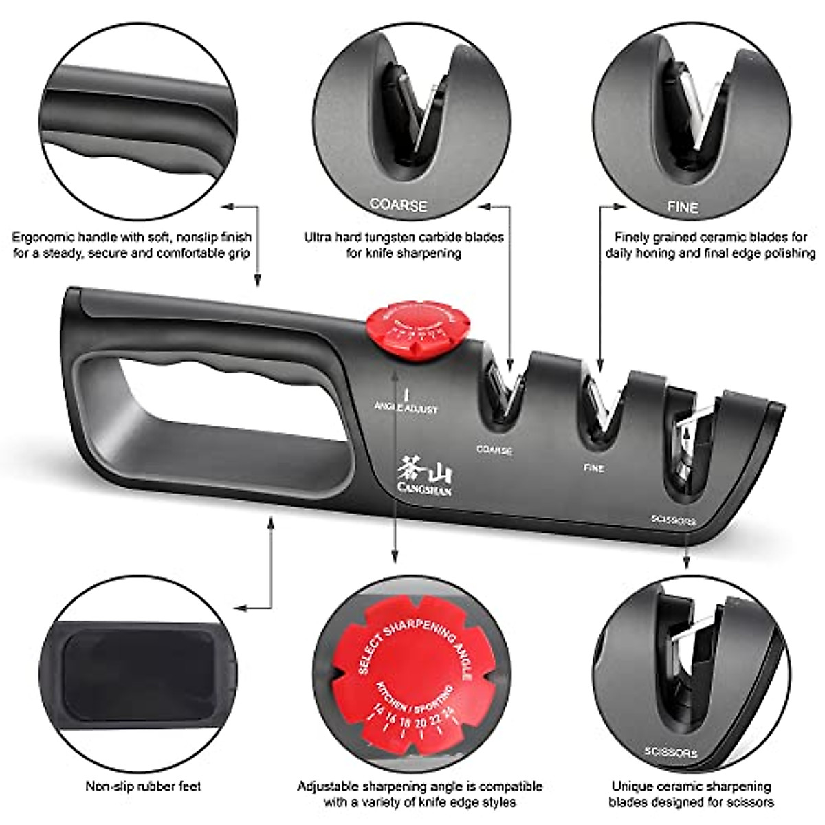Cangshan 1026108 3-Stage Adjustable 14-24 Degree Professional Knife + Scissor Sharpener