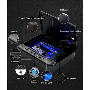 PINEWORLD Biometric Gun Safe, Smart Handgun Safe, 4-Quick Access Pistols Safe With Fingerprint/Key/Passcode/APP For Belongings, Gun Lock Box For Nightstand, Car, Home with Light/Full Voice Prompt