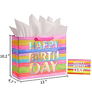 SUNCOLOR 13" Large Gift Bag with Card and Tissue Paper (Colorful Happy Birthday)