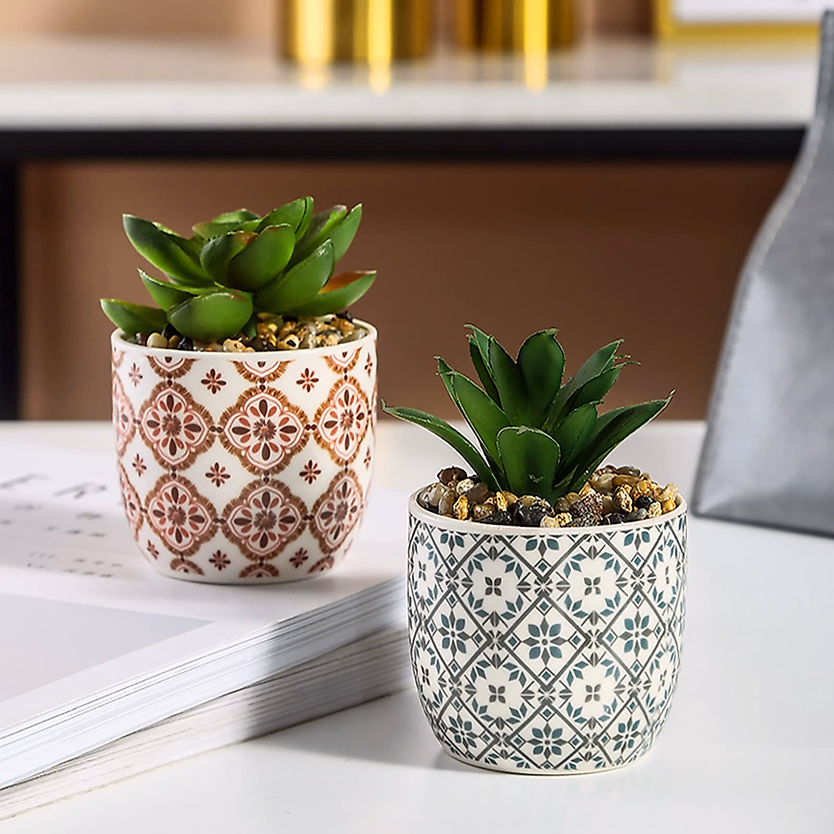 Karlliu Artificial Plants Succulent Flowers in Ceramic Planter 2 Pack Small Fake Plants Potted for Home Office Desk Decor Farmhouse Living Room Bedroom Shelves Decoration