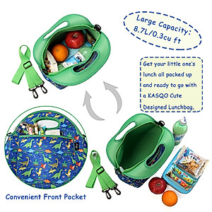 Kasqo Lunch Bag for Kids, Neoprene Insulated Boys Lunch Boxes Children’s Lunch Tote with Front Pocket and Detachable Adjustable Shoulder Strap in Cute Dinosaur