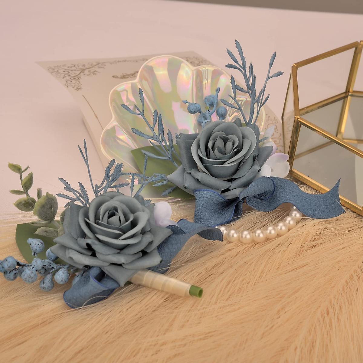 Weslymoo Dusty Blue Rose Wrist Corsage and Boutonniere Set Artificial Prom Flower Corsage Wristlet Band Bracelet Wedding Accessories Prom Decorations