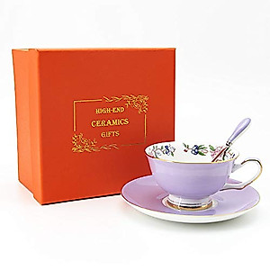 3 Piece Bone China Cup and Saucer Set with Spoon Vintage Porcelain Coffee Cup Set, Floral Tea Cup Set with Gold Trim and Gift Box, 7.1oz.