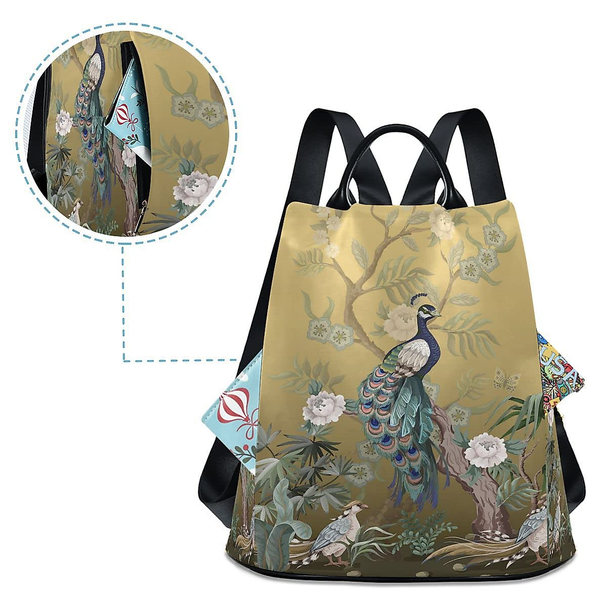 ALAZA Peacock Peonies Women Backpack Anti Theft Back Pack Shoulder Fashion Bag Purse