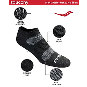 Saucony mens Multi-pack Mesh Ventilating Comfort Fit Performance No-show Socks, Black Basic (6 Pairs), Shoe Size 8-12 US