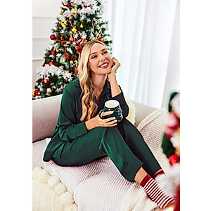 Ekouaer Silk Pajamas for Women Classic Button Down Pj Sets Satin Sleepwear Comfy Long Sleeve Loungewear Green L