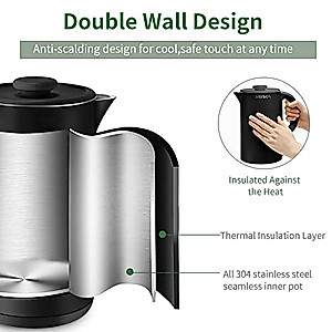 Electric Kettles Stainless Steel for Boiling Water, Double Wall Hot Water Boiler Heater, Cool Touch Electric Teapot, Auto Shut-Off & Boil-Dry Protection, 120V/1200W, 1.7 Liter, 2 Year Warranty (black)