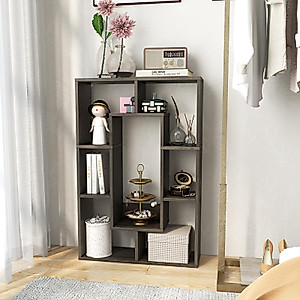 Tangkula 35.5” Geometric Bookshelf, Freestanding Wood Open Bookcase with 7 Cubes, Anti-Toppling Devices, Home Office Décor Rectangular Storage Shelf Display Rack for Study Living Room (1, Gray)