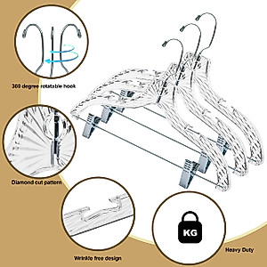 Clear Plastic Hangers for Pants 24 Pack - Skirt Hangers with Crystal Cut Design - All in One Curved Shoulder Clothes Hangers with Clips - Perfect Clothing Hangers for Everyday Use (24, 17" inch)