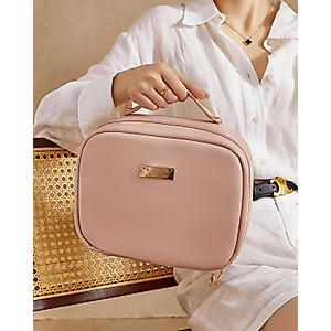 EACHY Travel Makeup Bag, Waterproof Cosmetic Bags for Women, Large Capacity PU Leather Make Up Organizer with Portable and Stylish (Pink)