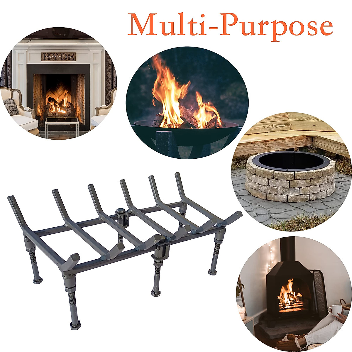 TAFIEDA Fireplace Log Holder. 18 Inches Heavy Duty Solid Steel Fireplace Grate. Upgrade Adjustable Fireplace Grate 6 Solid Steel Feet with 6 Bar Fireplace Wood Holder. Best Fireplace Accessories.