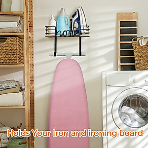 TJ.MOREE Ironing Board Hanger Wall Mount - Laundry Room Decor Iron and Ironing Board Holder with Large Storage Wooden Base Basket and Removable Hooks (Black)