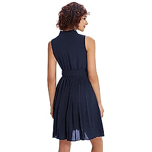 GRACE KARIN Women Elegant High Waist Pleated Dress A-line Solid Funeral Dress Navy Blue L