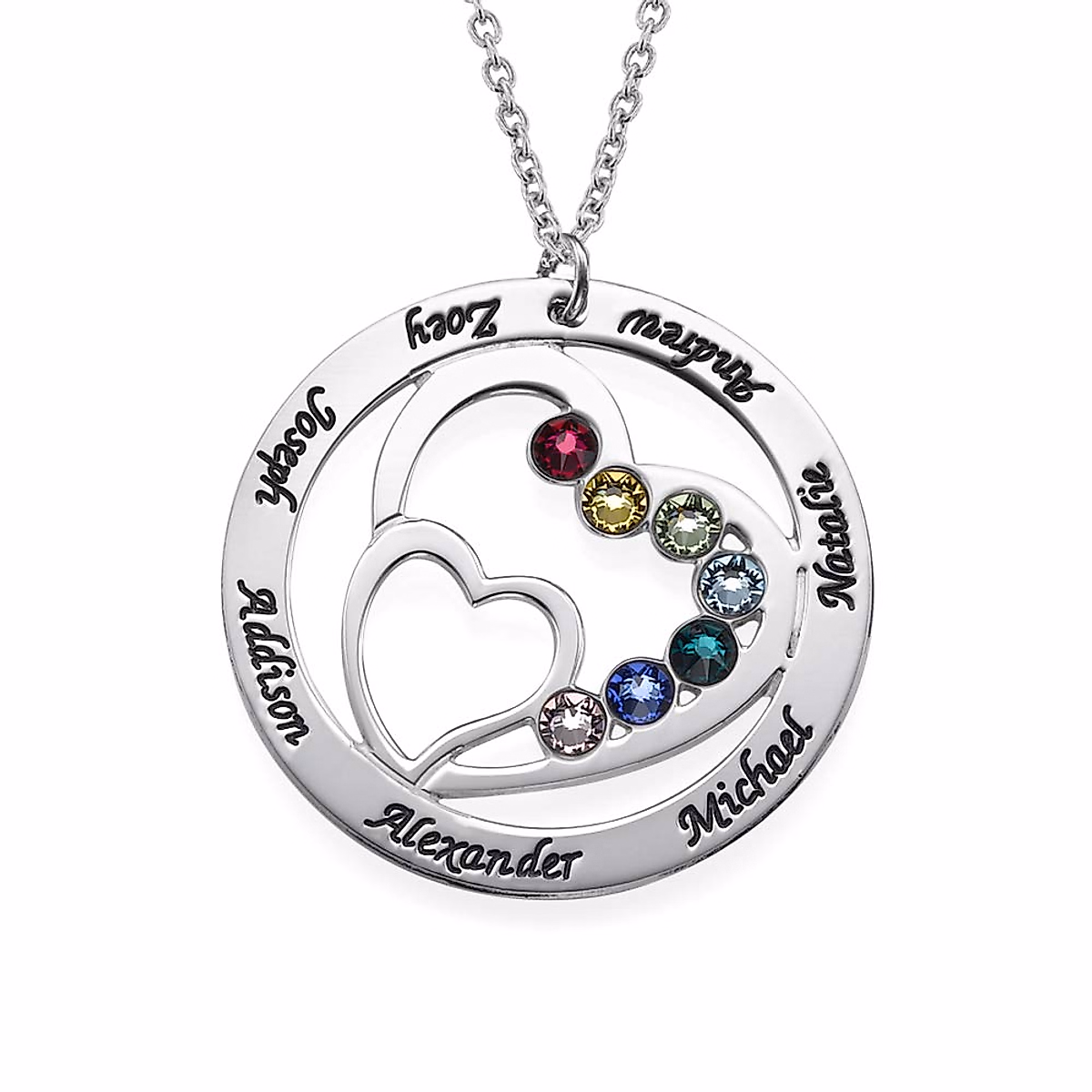 Heart in Heart Birthstone Necklace in Sterling Silver - Personalized Engraved with Any Name for Moms