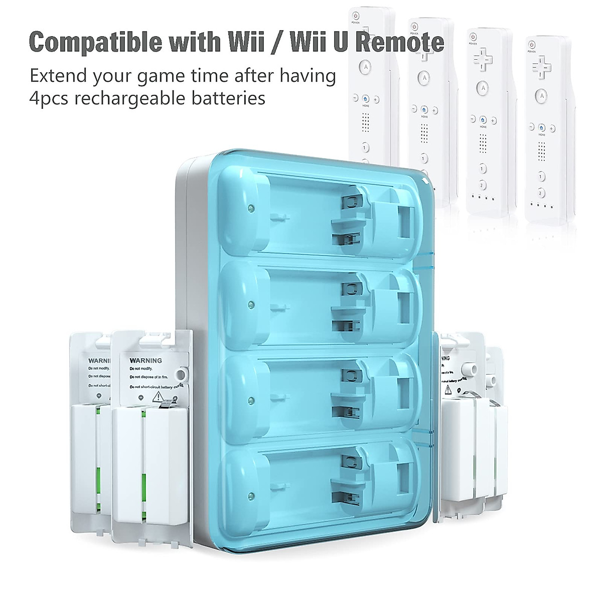 Battery Charger for Wii & Wii U Remote Controller,4pcs 2800mAh NiMH Rechargeable Battery Packs with 4-in-1 Charging Station for Wii & Wii U Game Remote [ Latest Upgrade Version]-White
