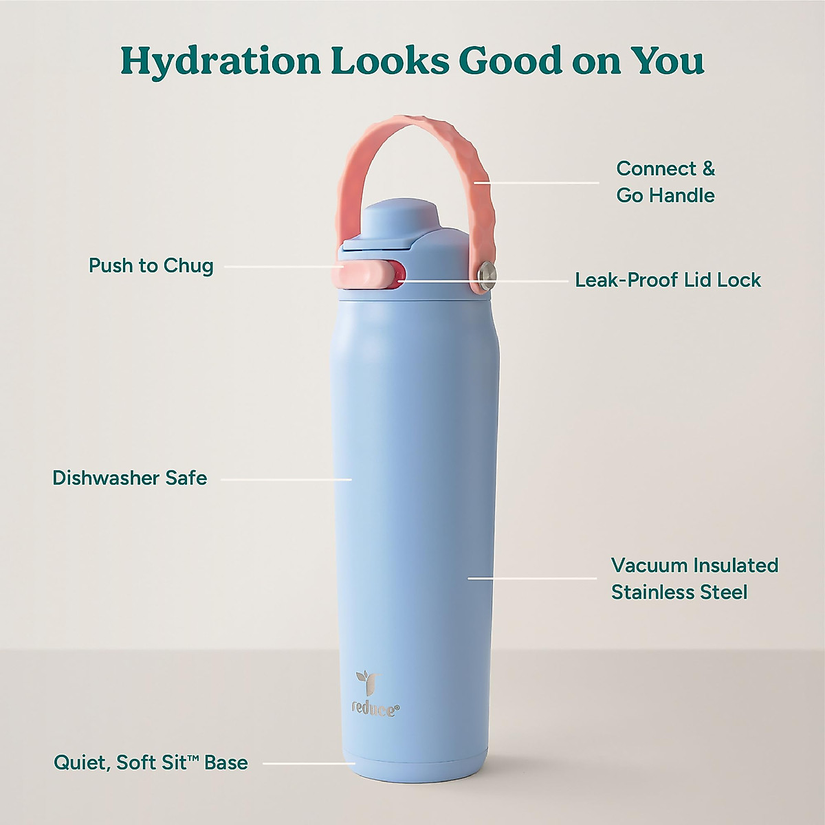 Reduce Aura Vacuum Insulated 26 oz Water Bottle - Leak-Proof & Chug Spout for Quick Hydration - Keeps Drinks Cold for 30 Hours - Removable Handle for Travel or Gym - Soft Sit Base - Glacier