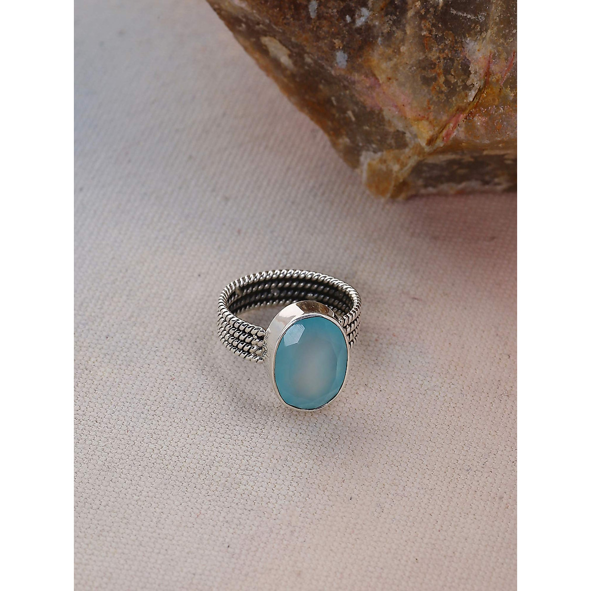 YoTreasure Aqua Chalcedony 925 Sterling Silver Braided Ring Jewelry