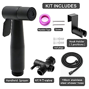 Handheld Bidet Sprayer Toilet Kit, Premium Stainless Steel Sprayer with 7/8” T valve, 1.5M Hose and Bracket Holder for Pet Wash, Feminine Wash, Baby Wash, Bathroom or Toilet (Black)