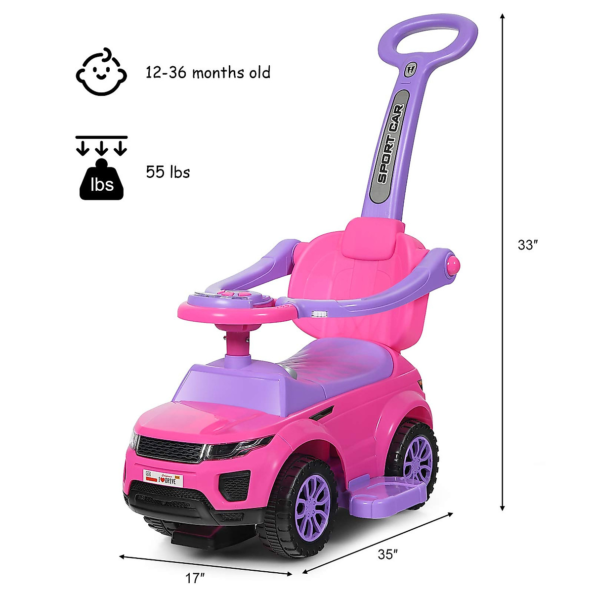 Costzon 3 in 1 Ride on Push Car, Stroller Sliding Walking Car with Horn, Music, Light, Under Seat Storage, Parental Handle, Armrest Guardrails, Ride on Toy for Boys & Girls (Pink)