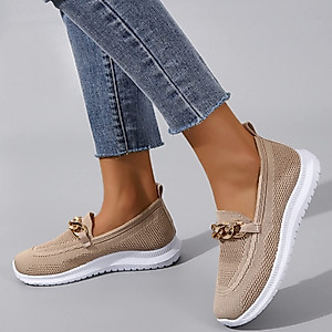 Hbeylia Platform Slip On Mesh Sneakers for Women Casual Breathable Mesh Air Cushion Metal Chain Design Trendy Chunky Bottom Low Top Canvas Shoes Flats Walking Shoes Play Sneakers Loafers Khaki