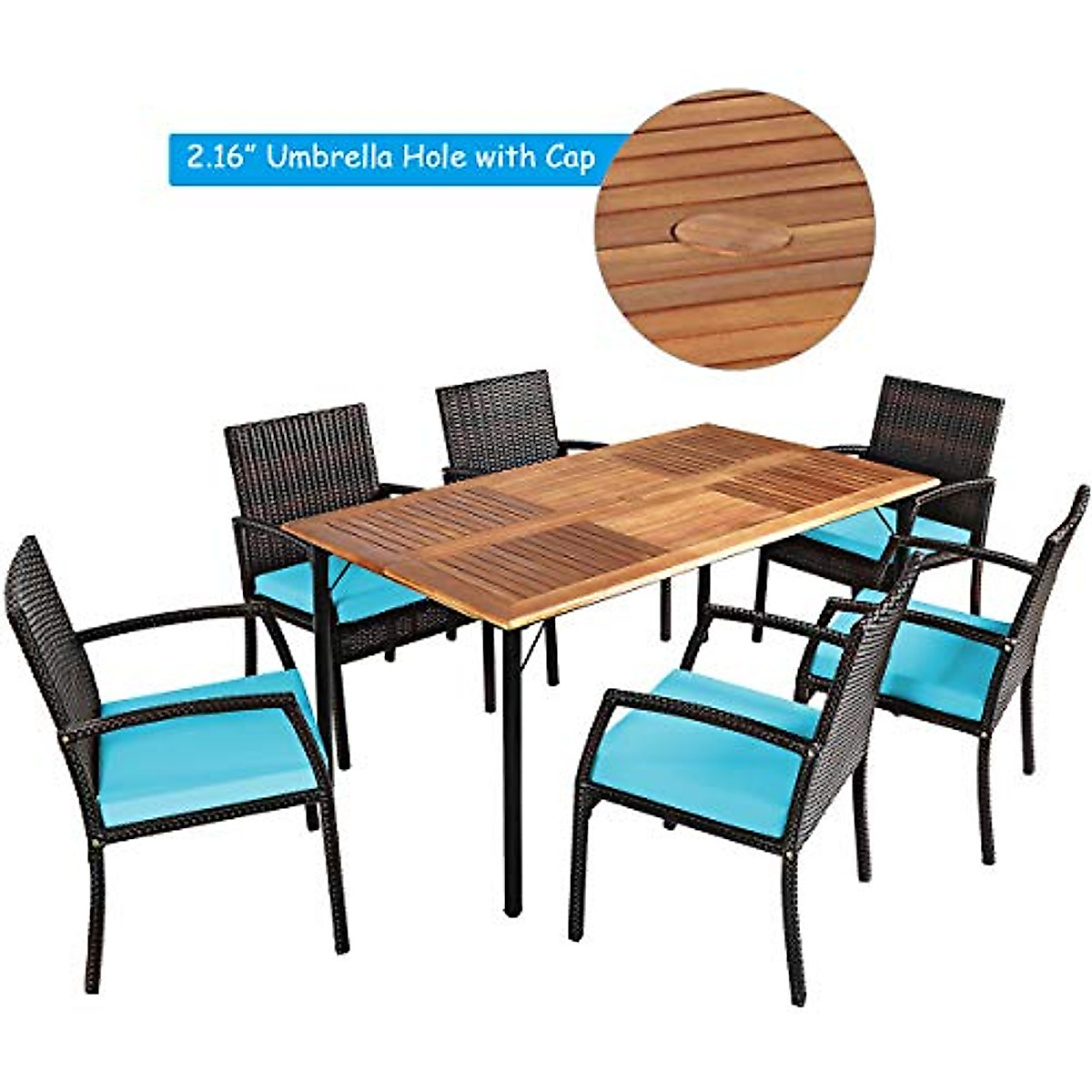 Tangkula 7 Pieces Patio Dining Set, Acacia Wood Wicker Dining Furniture Set with Steel Frame & Umbrella Hole, Outdoor Dining Table Chair Set with Removable Cushions for Backyard, Garden (Turquoise)
