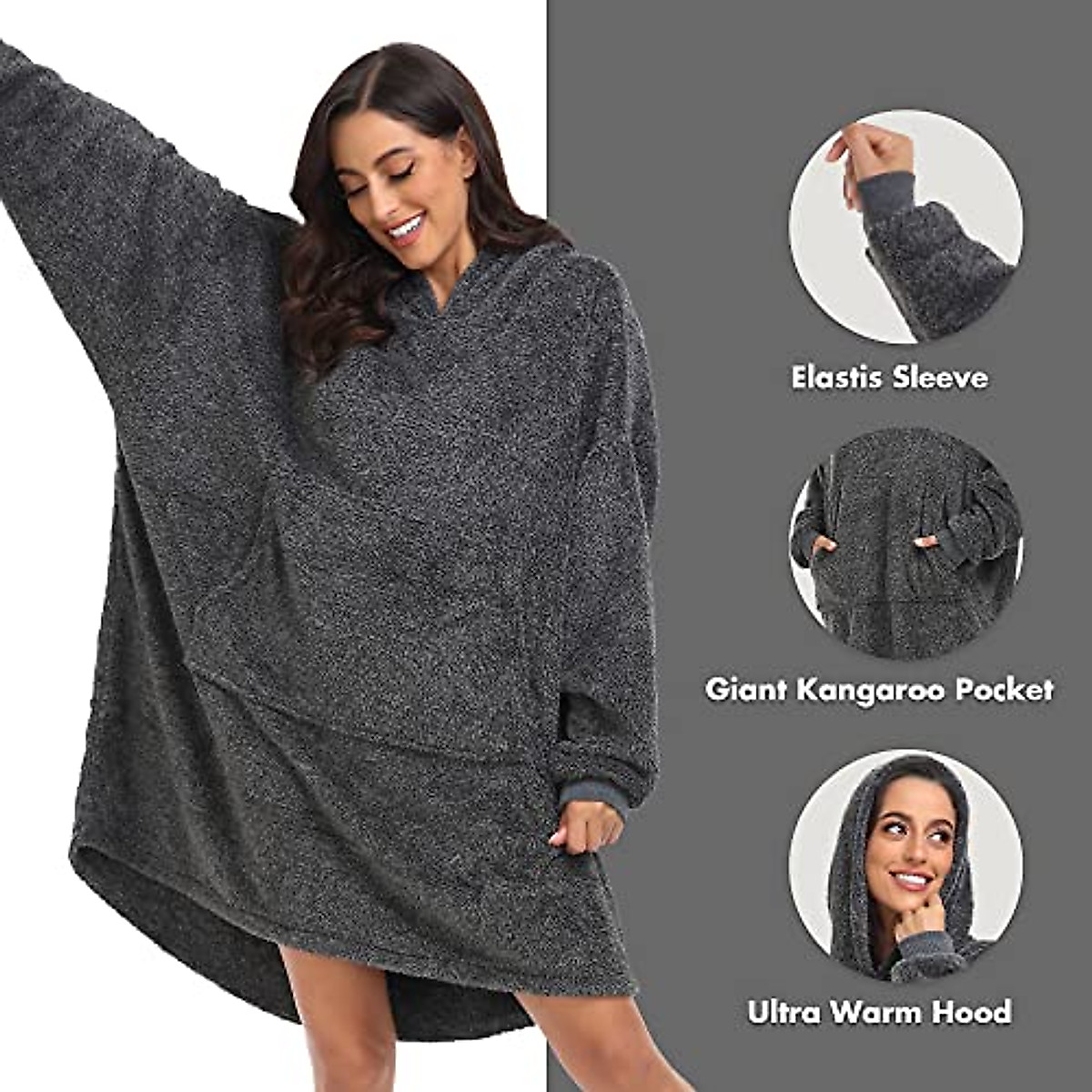 Fussion Wearable Blanket, Blanket Hoodie Sweatshirt for Women and Men, Warm and Cozy Blanket with Sleeves and Giant Pocket for Adults as a Gift - Dark Gray