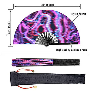 Leehome Large Rave Folding Hand Fan for Women/Men,Chinese/Japanese with Bamboo and Nylon-Cloth Handheld Fan,for Performance,Decorations, Dance,Festival Party,Gift (C03)