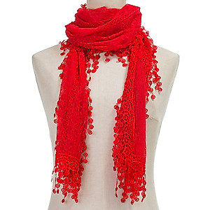 Cindy and Wendy Lightweight Soft Leaf Lace Fringes Scarf shawl for Women (Red-2)