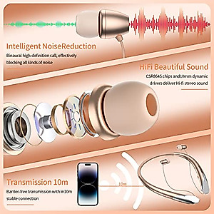 Neckband Bluetooth Headphones, Bluetooth Headphones with Microphones & Call Vibration Sport Sweatproof, Stereo Noise Cancelling Wireless Headphones with Retractable Earbuds for Sport (Rose)