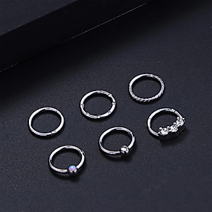 FIBO STEEL Cartilage Hoop Earrings for Men Women Stainless Steel CBR Hinged Clicker Nose Ring Helix Septum Couch Daith Lip Tragus Piercing Sleeper Earrings Jewelry Set Silver 18G 8MM