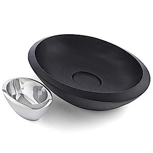 Nambe - Noir Collection Dark Stained Acacia Wood Chip & Dip Serving Bowl with Nambe Alloy Dip Bowl - Measures at 16" x 11" - Made with Acacia Wood and Nambe Alloy - Designed by Steve Cozzolino