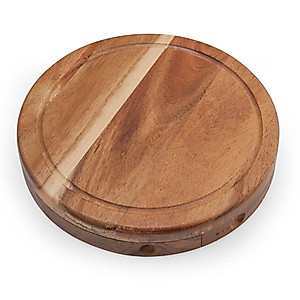 Tungyi Round Slide-Out Acacia Wood Cheese Serving Board and 3 Piece Cheese Tool Set, 7.5 inch Diameter, Ideal for Outdoor Picnic Housewarming Kitchen Personalized Gift