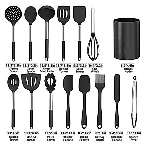 DMFC Kitchen Utensils Set 15 Pieces Kitchenware Supplies Set Silicone Stainless Steel Handle Cooking Nonstick Pot High Temperature Resistant Spatula Spoon Kitchenware. (Black)