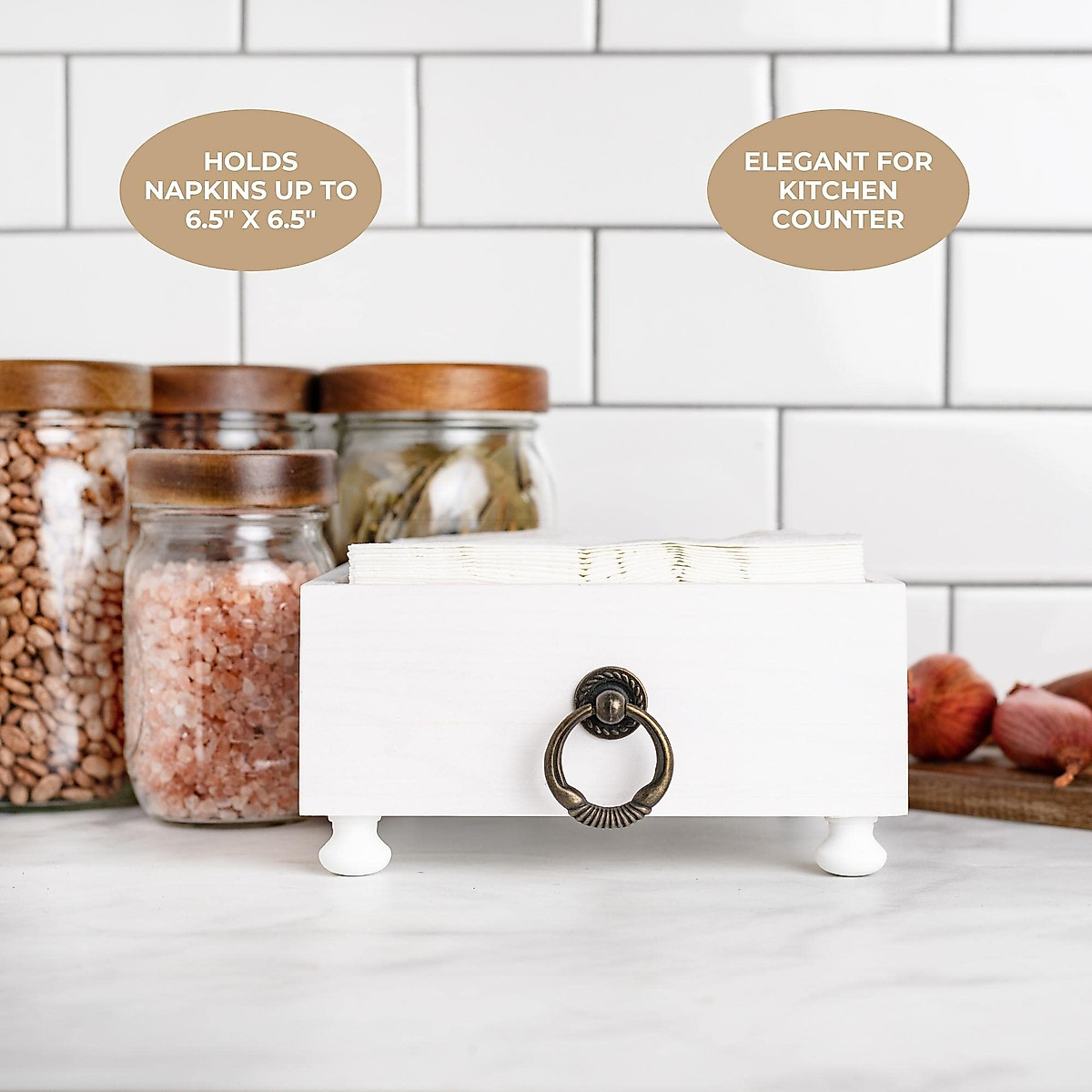 Farmhouse Napkin Holder White - Wooden Napkin Holder With 4 Feet, Rustic Napkin Holder Wood, White Napkin Holder With Handle, Flat Napkin Holder for Table, Table Napkin Holder, Paper Napkin Holder