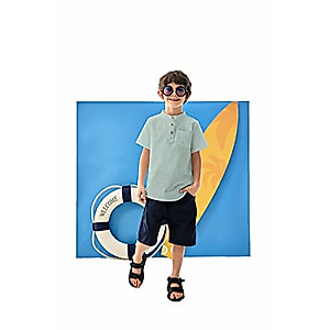 Arshiner Boys Cotton Linen Henley Button Down Shirt Short Sleeve Casual Dress Beach T Shirts with Pocket Light Green