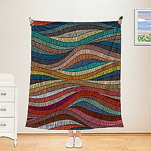 QiyI Plush Sherpa Fleece Throw, Soft Fuzzy Velvet Warm Winter Blanket for Kids Adults, Luxury Microfiber Flannel Thick Blanket for Sofa Couch Bed, 50 x 60 Inches, Wavy Bohemian Print