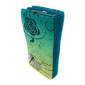 Shag Wear Vintage Dragonfly Large Wallet for Women and Teen Girls Vegan Faux Leather 7" Teal