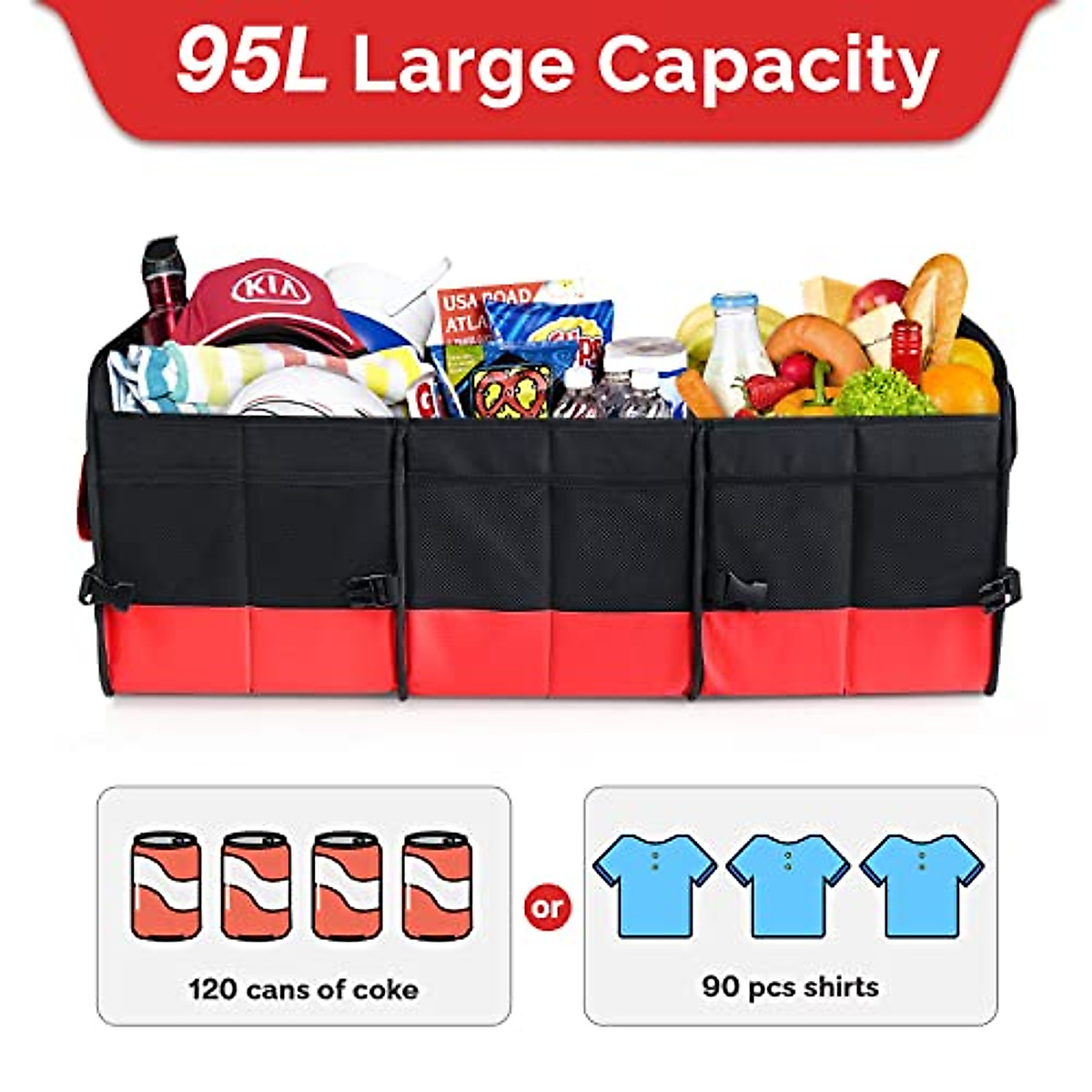 Simniam Car Trunk Organizer Large 95L, Foldable, Non-Slip, Car Storage Organizer Made of Thick Material, Apply to Organizing The Trunk Outdoor Travel Shopping Camping - Red