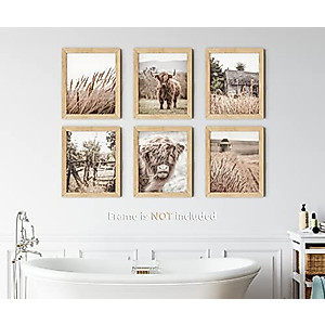 VICBOU Highland Cow Wall Art Highland Cow Decor Farmhouse Wall Decor Farm Animal Cow Print Stuff Rustic Wheat Field Landscape Print Painting for Home Kitchen Bathroom Living Room, 6Pcs, 8x10 Unframed