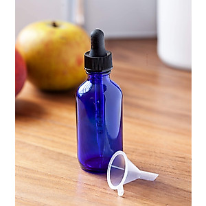 JUVITUS 2 oz / 60 ml Cobalt Blue Glass Boston Round Graduated Measurement Glass Dropper Bottle (4 pack) + Funnel